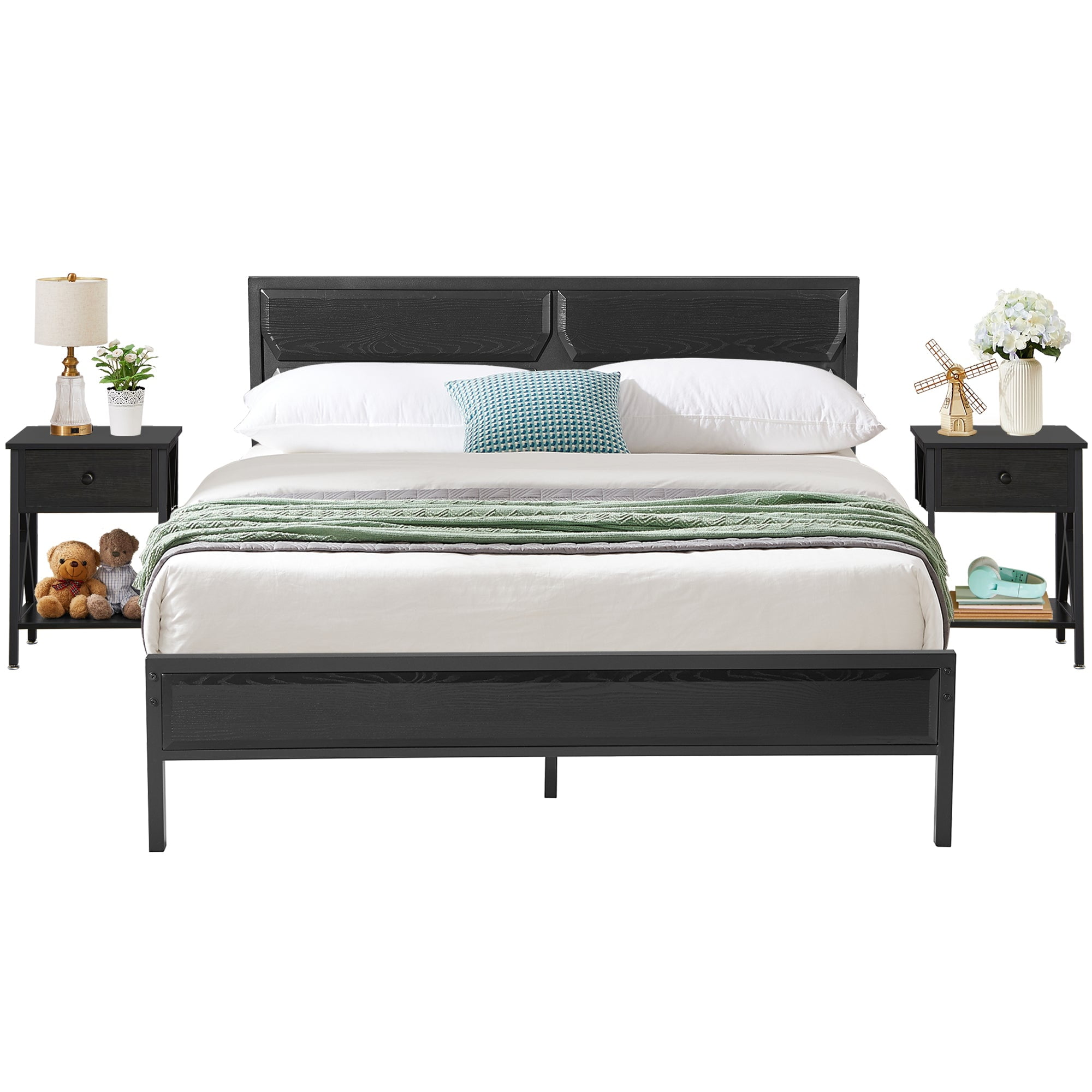 VECELO 3-Piece Bedroom Sets, Full Size Wooden Platform Bed with 2 ...