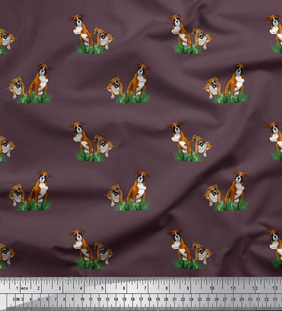Soimoi Crepe Silk Fabric Grass & Boxer Dog Print Fabric by Yard 42 Inch ...