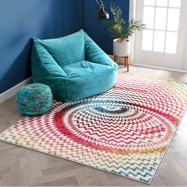 Warp Multi Chevron Red Blue Yellow Green Zigzag Modern Abstract 3D Area ...