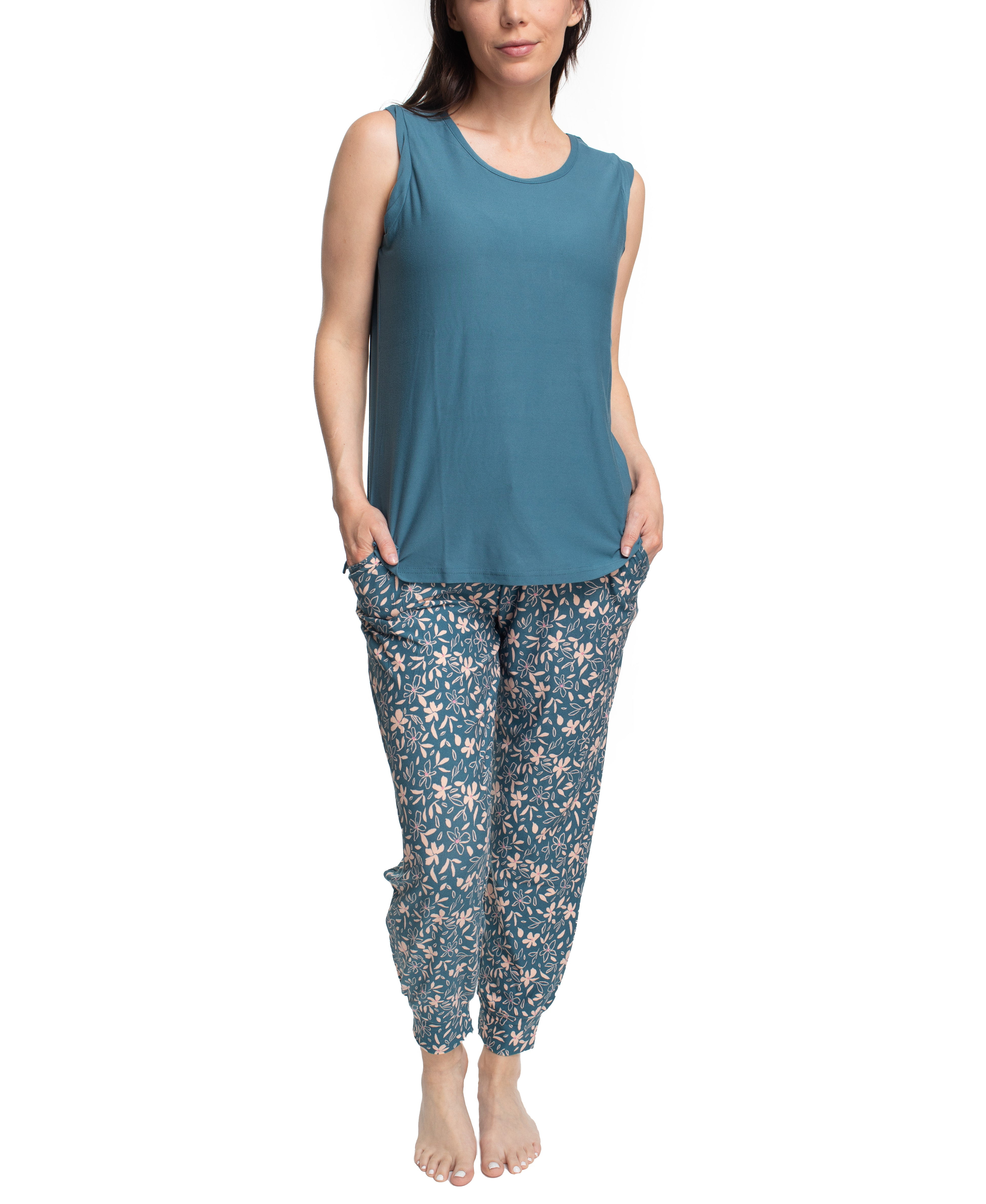 MUK LUKS Tank and Jogger Pajama Set, Denim/Tropical Floral, Large ...