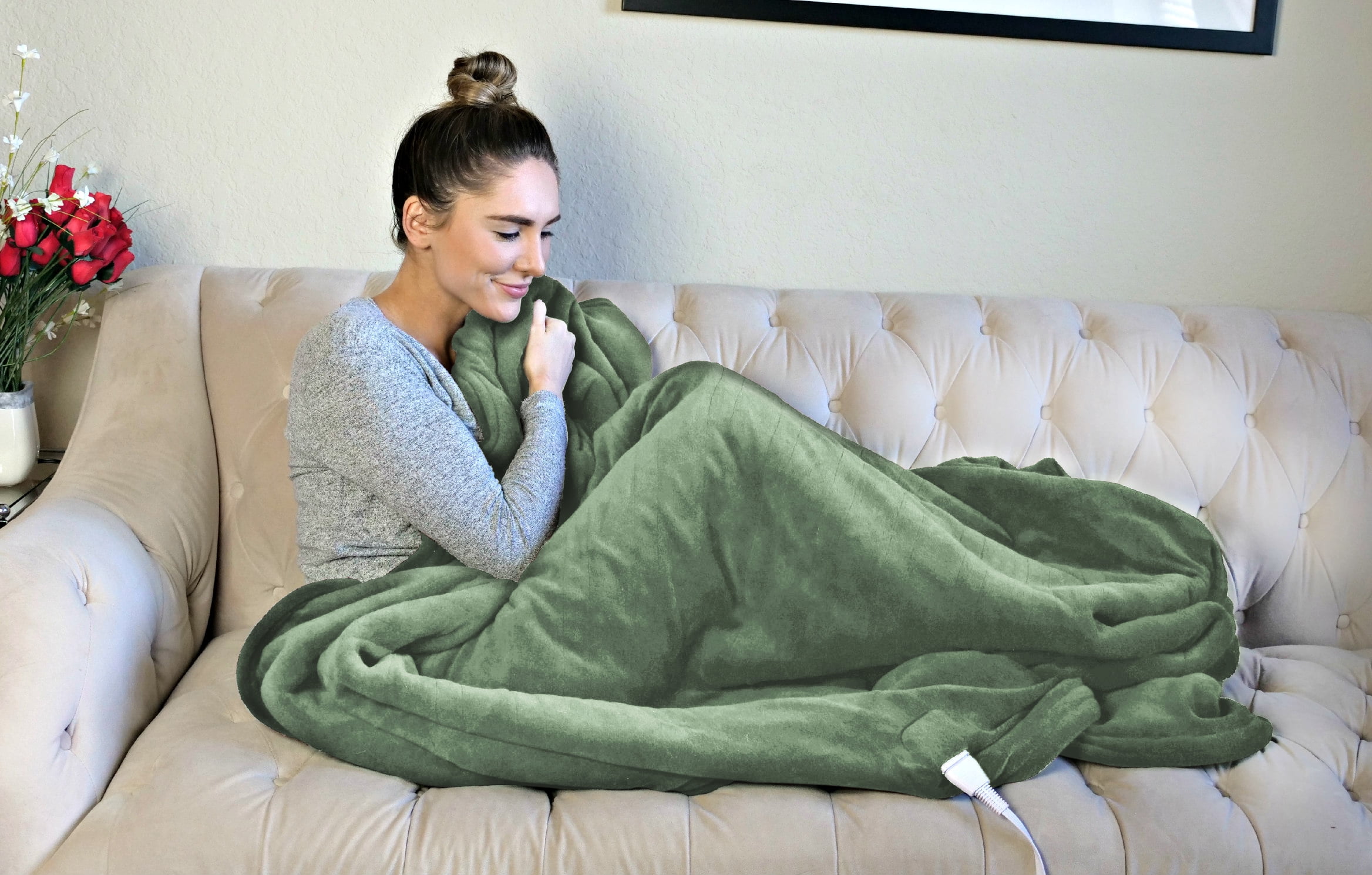 Pure Warmth Velour Sherpa Electric Heated Warming Throw Blanket Sage ...