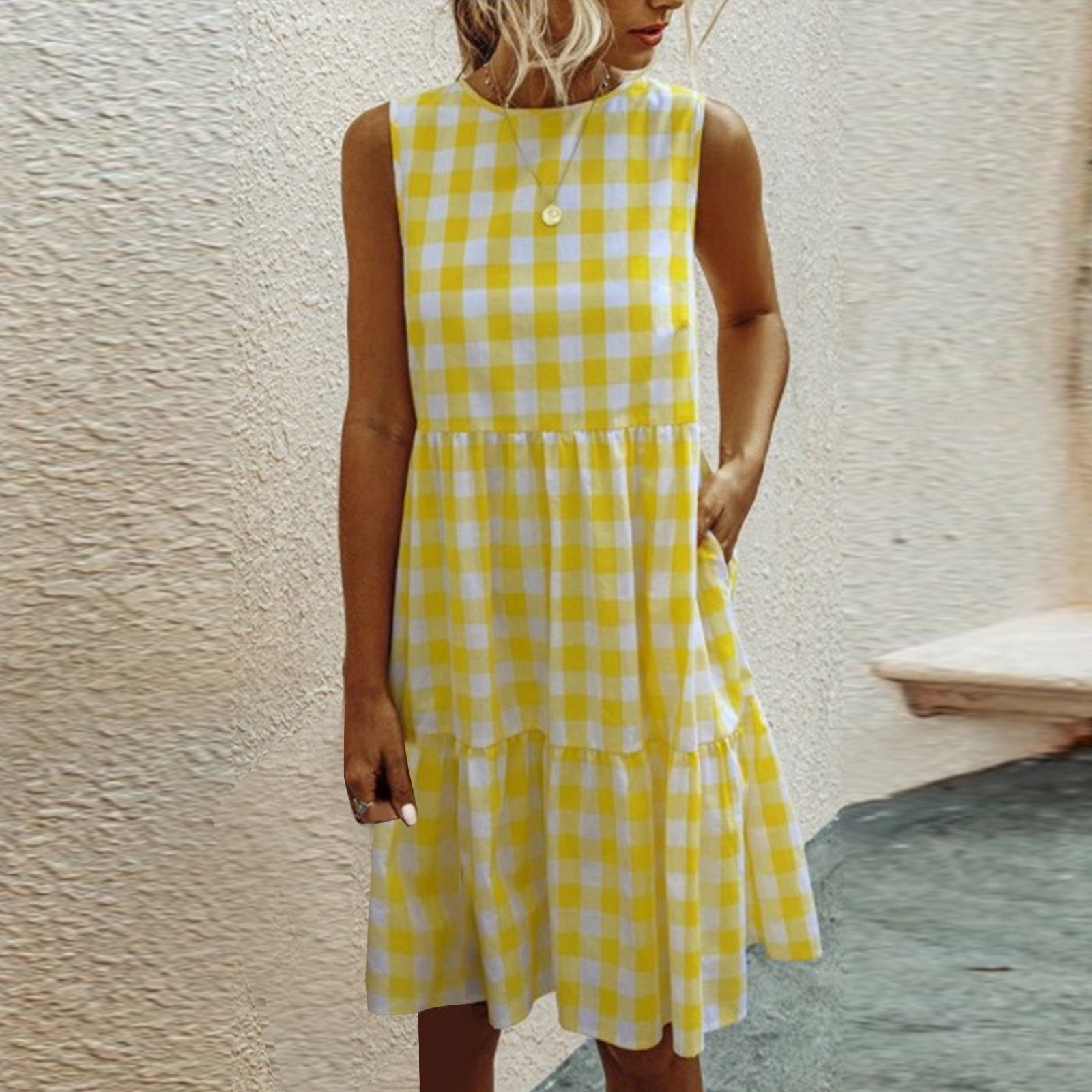 Lastesso Women Gingham Linen Dress Boho Smocked Tiered Ruffle Dresses ...