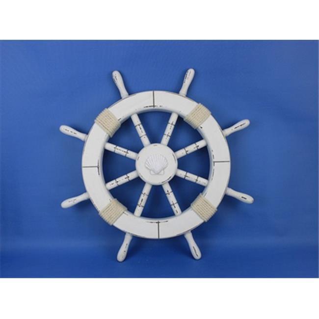 Rustic White Ship Wheel With Seashell 18 in. Decorative Accent ...