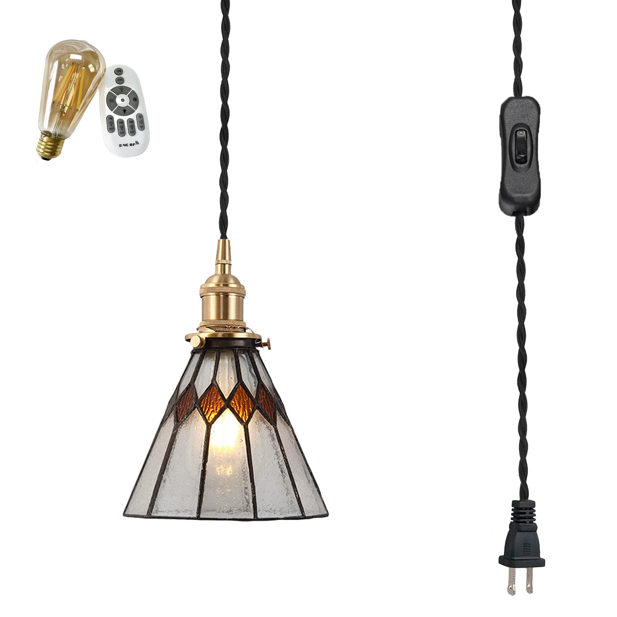Fsliving Remote Control Hanging Pendant Light With 15ft Plug-In Ul Cord Brass Finished E26 Socket Tiffany Macaron Cone Glass Lamp Dimmable Color Chang