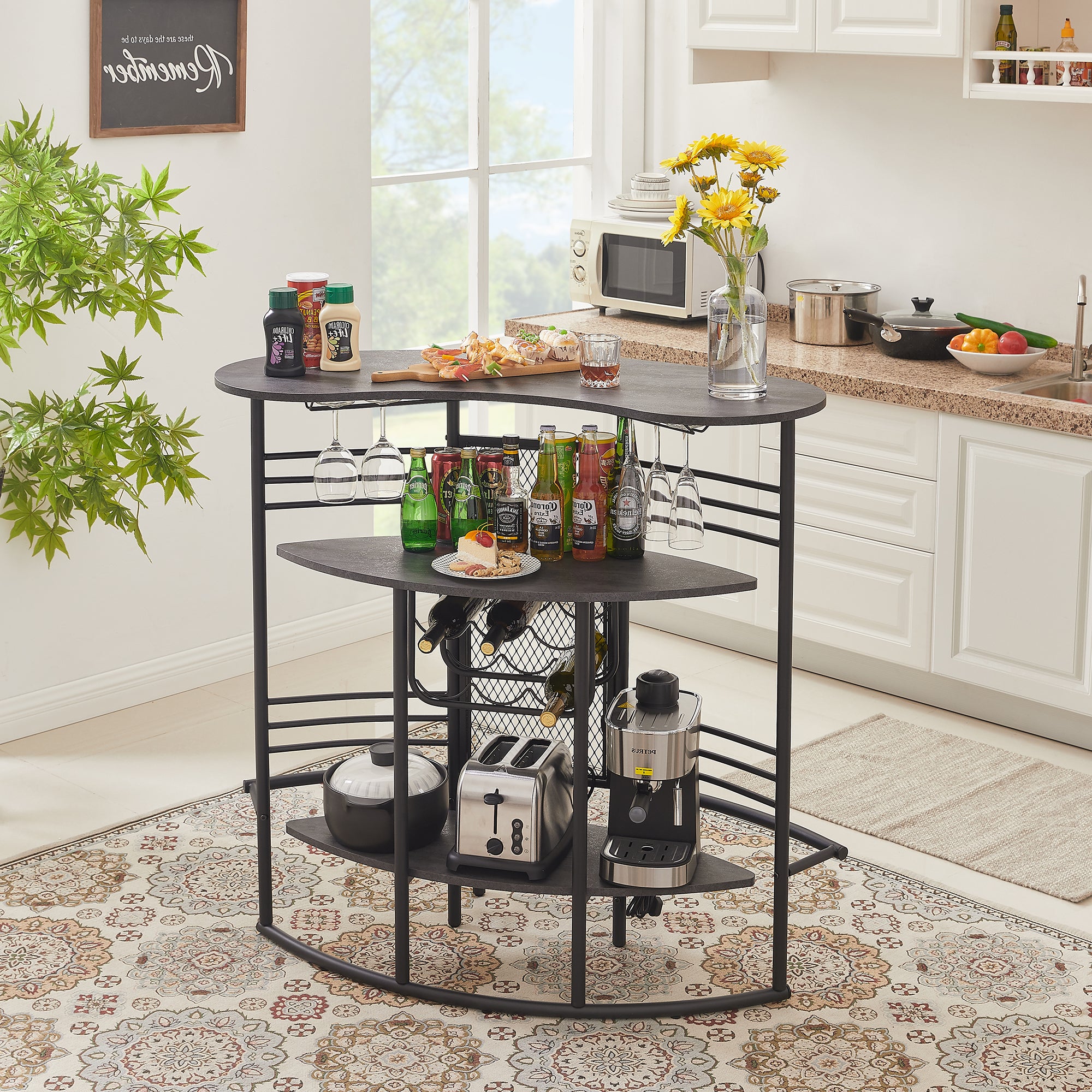VECELO Home Bar Unit, Oval Bar Table with Wood Counter Top and Wine ...