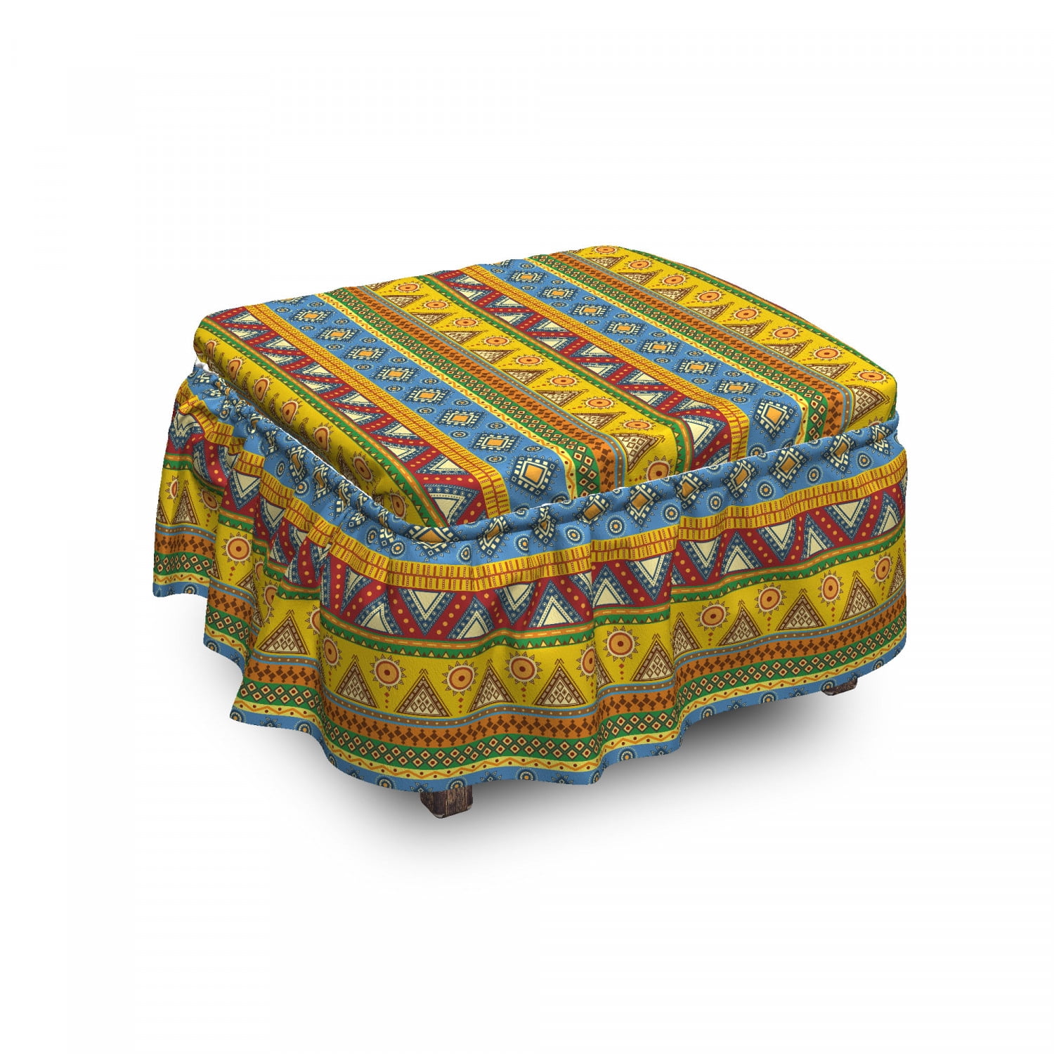 Aztec Ottoman Cover, Folk Motif Mexican Sun, 2 Piece Slipcover Set with ...