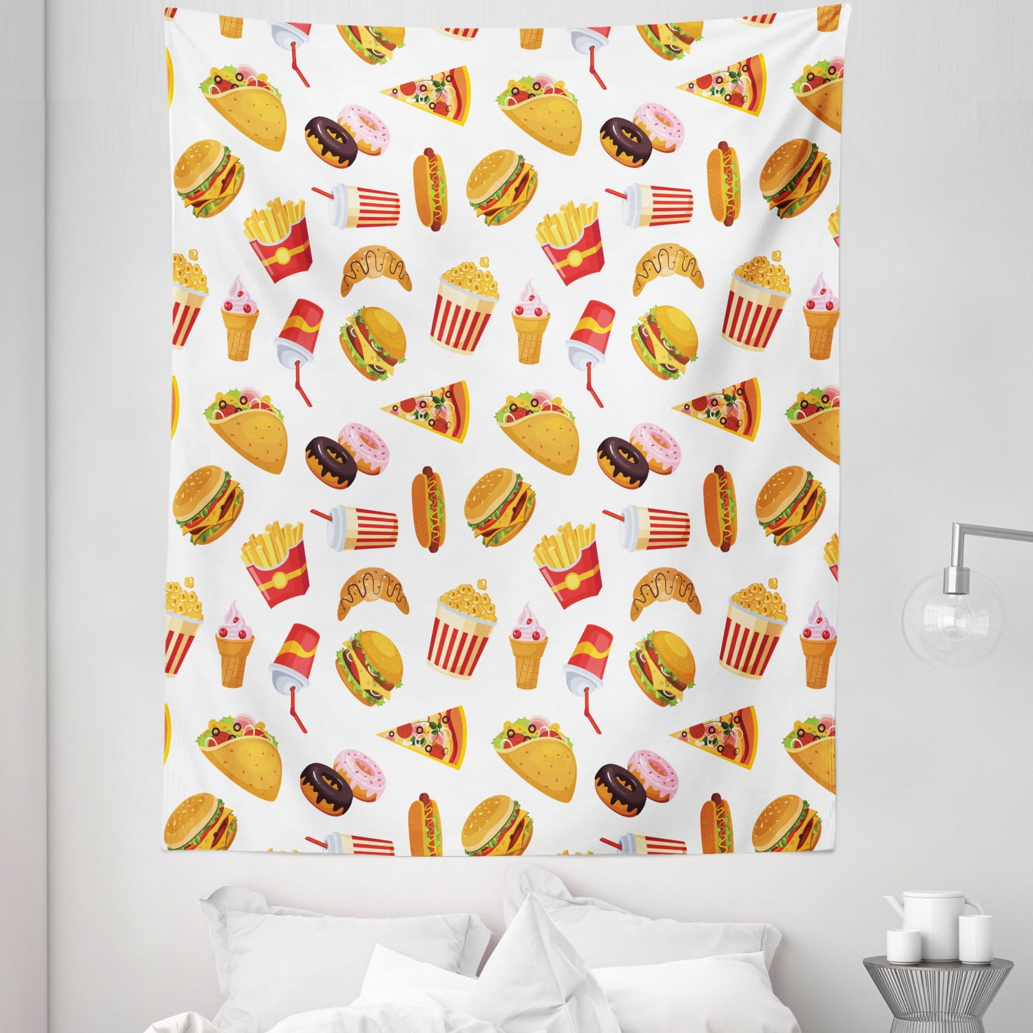 Pizza Tapestry, Fast Food Themed Continuous Pattern of Fries Hamburgers ...