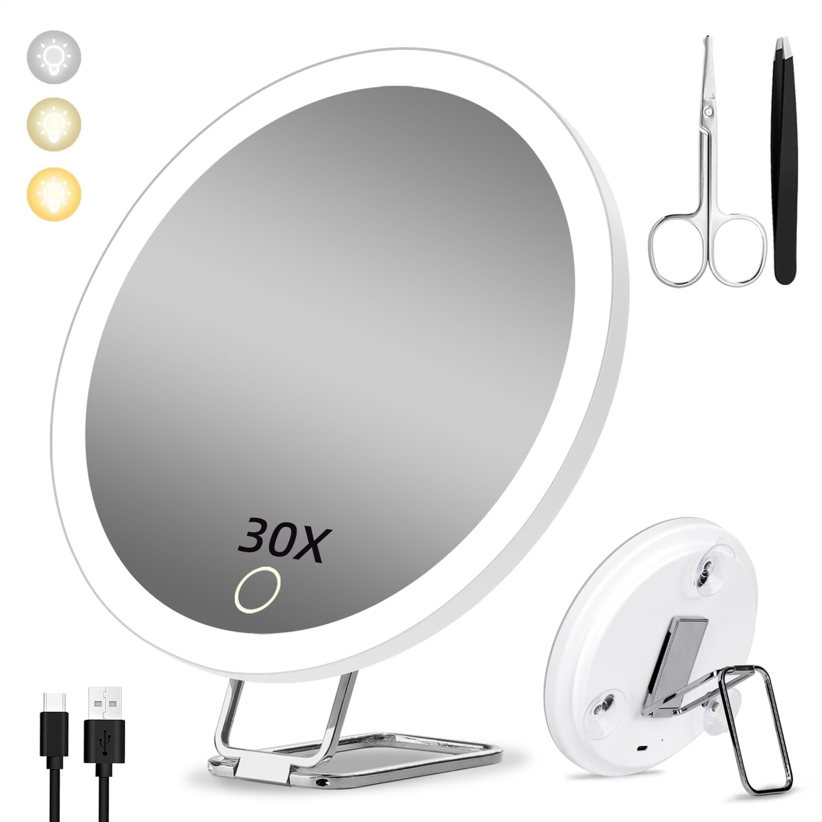 Unbranded Illuminated 30x Magnifying Makeup Mirror With Rechargeable Led Light  6-Inch  3 Color Modes  Dimming  Suction Cups  And Stand For Travel