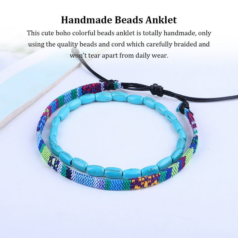 TureClos 2 Pieces Braided Bohemian Bracelet Anklets Woven Set Cord Bangles Leg Chain Fabric Handcrafted Adjustable for Beach type 9