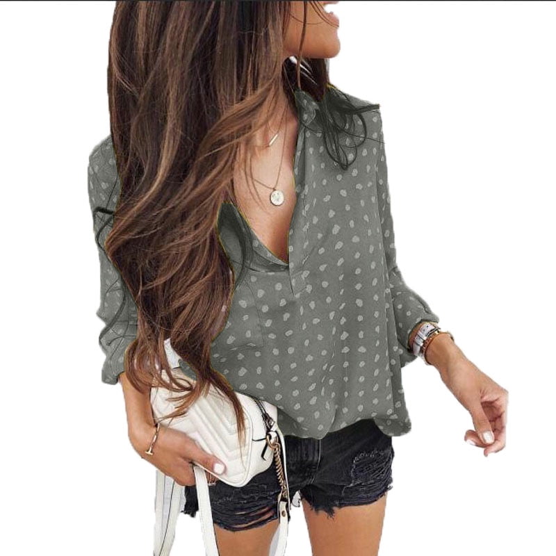 Fnac Womens Summer Polka Dot Shirt Long Sleeve V Neck Tops Casual