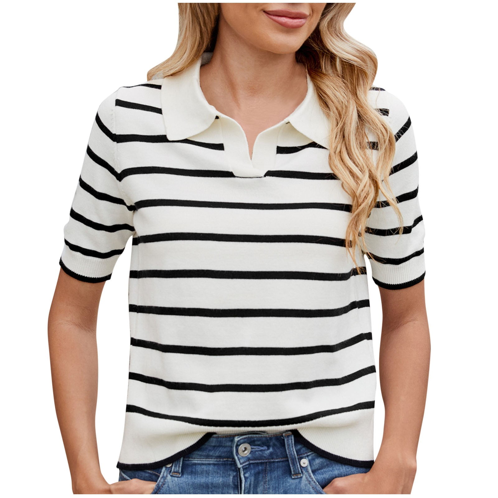 Click here for Uamvsh Women Short Sleeve Striped Sweaters Lapel V... prices