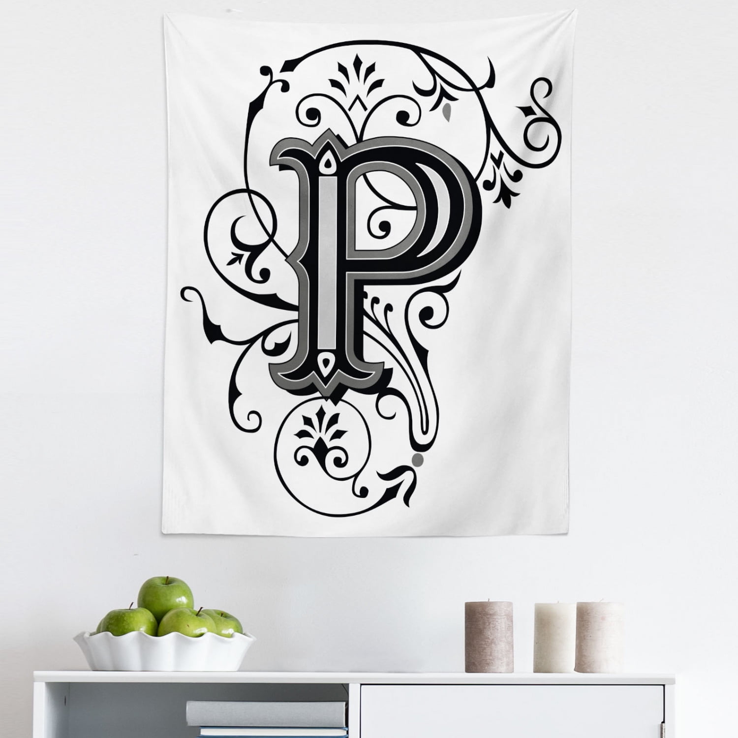 Letter P Tapestry, Floral Swirls Essence Blooms Letters Baroque ...
