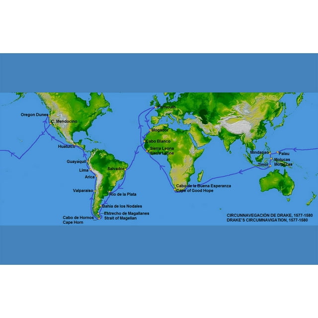 24x36 gallery poster, map of Sir Francis Drake's route around the world ...