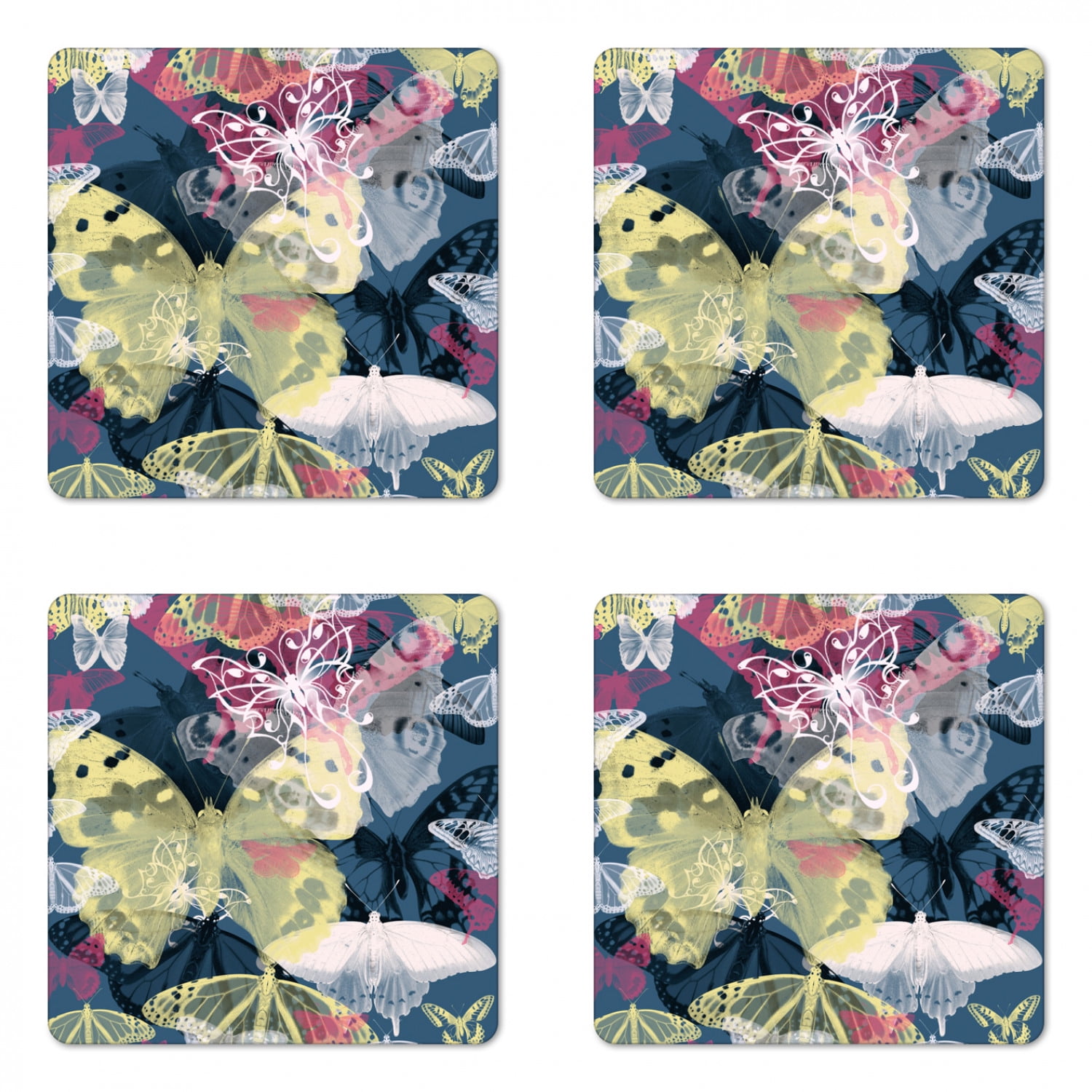 Abstract Coaster Set of 4, Colorful Butterflies Hand Drawn Springtime ...