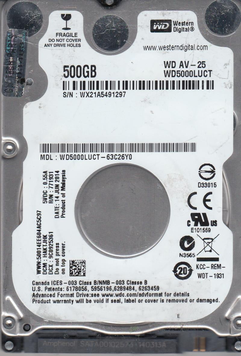 WD5000LUCT-63C26Y0, DCM HAKTJHK, Western Digital 500GB SATA 2.5 Hard ...