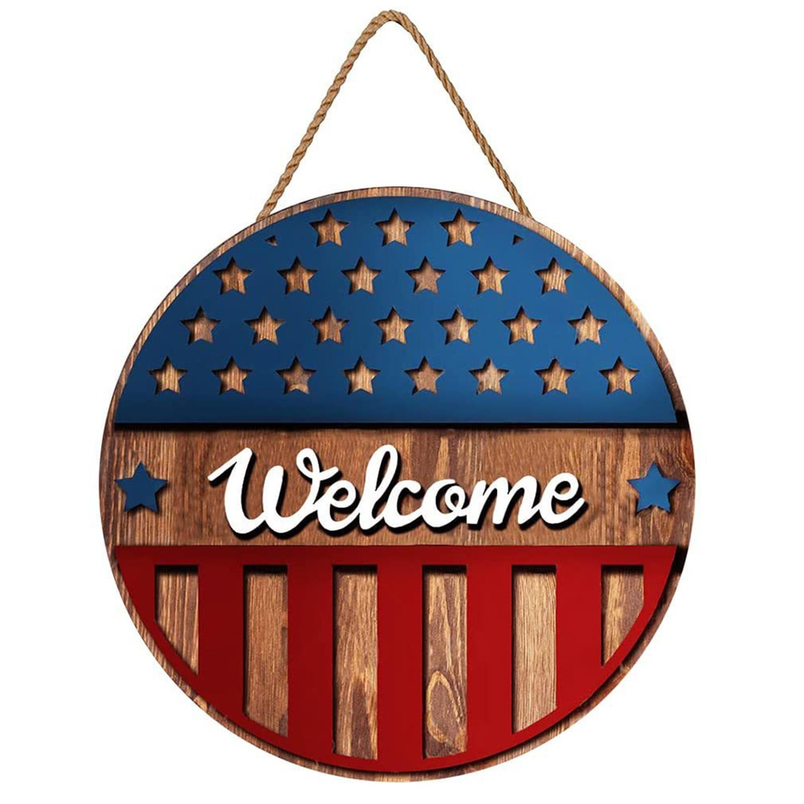 Patriotic Welcome Sign, Front Door Round wooden sign, Hanging for ...