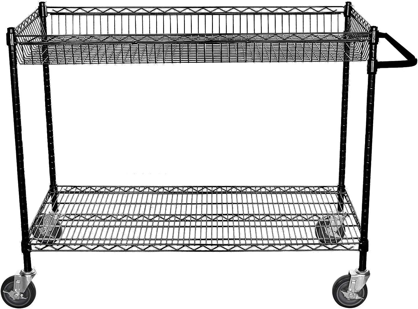 2 Tier Push Cart with 1 Basket and 1 Wire Shelf - Black - 18" Deep x 48 ...