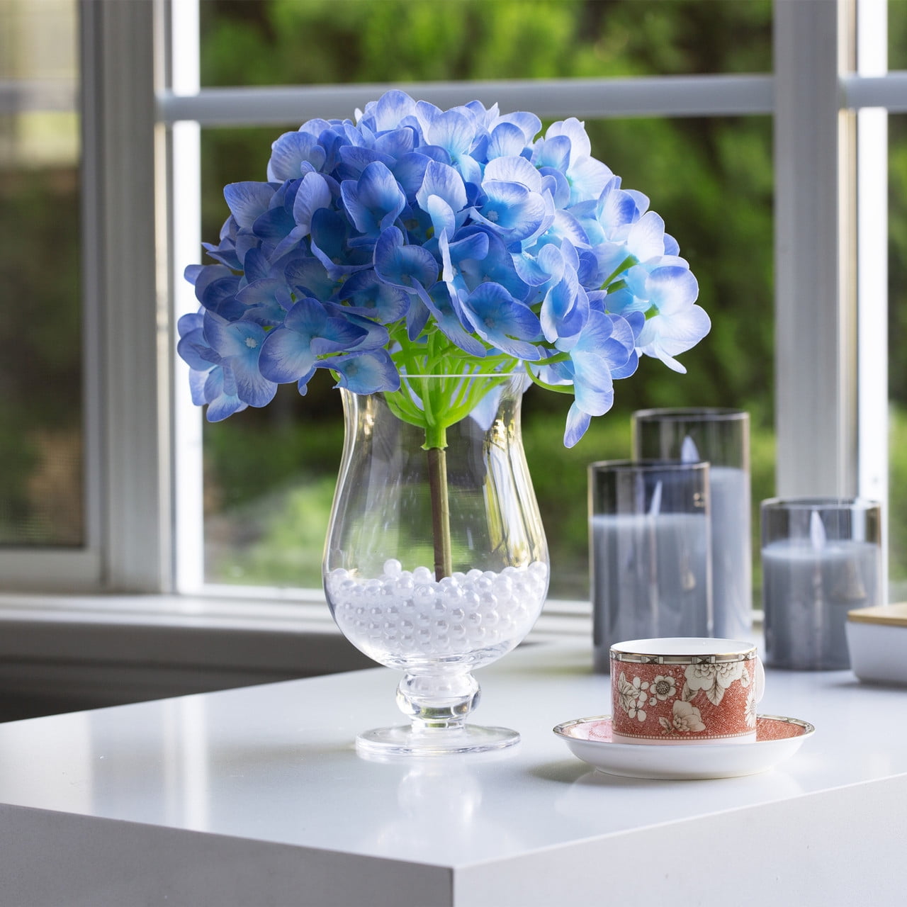 Enova Home Artificial Real Touch Hydrangea Flower Arrangement in Clear ...