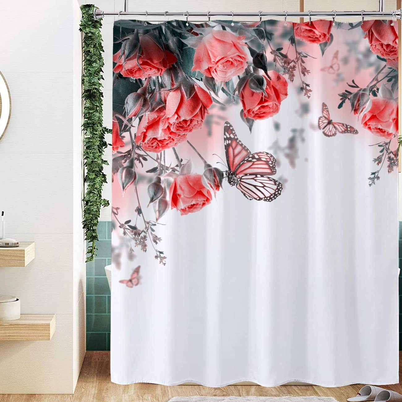 Red Rose Shower Curtain, Red Flowers with Butterfly Romance Shower ...
