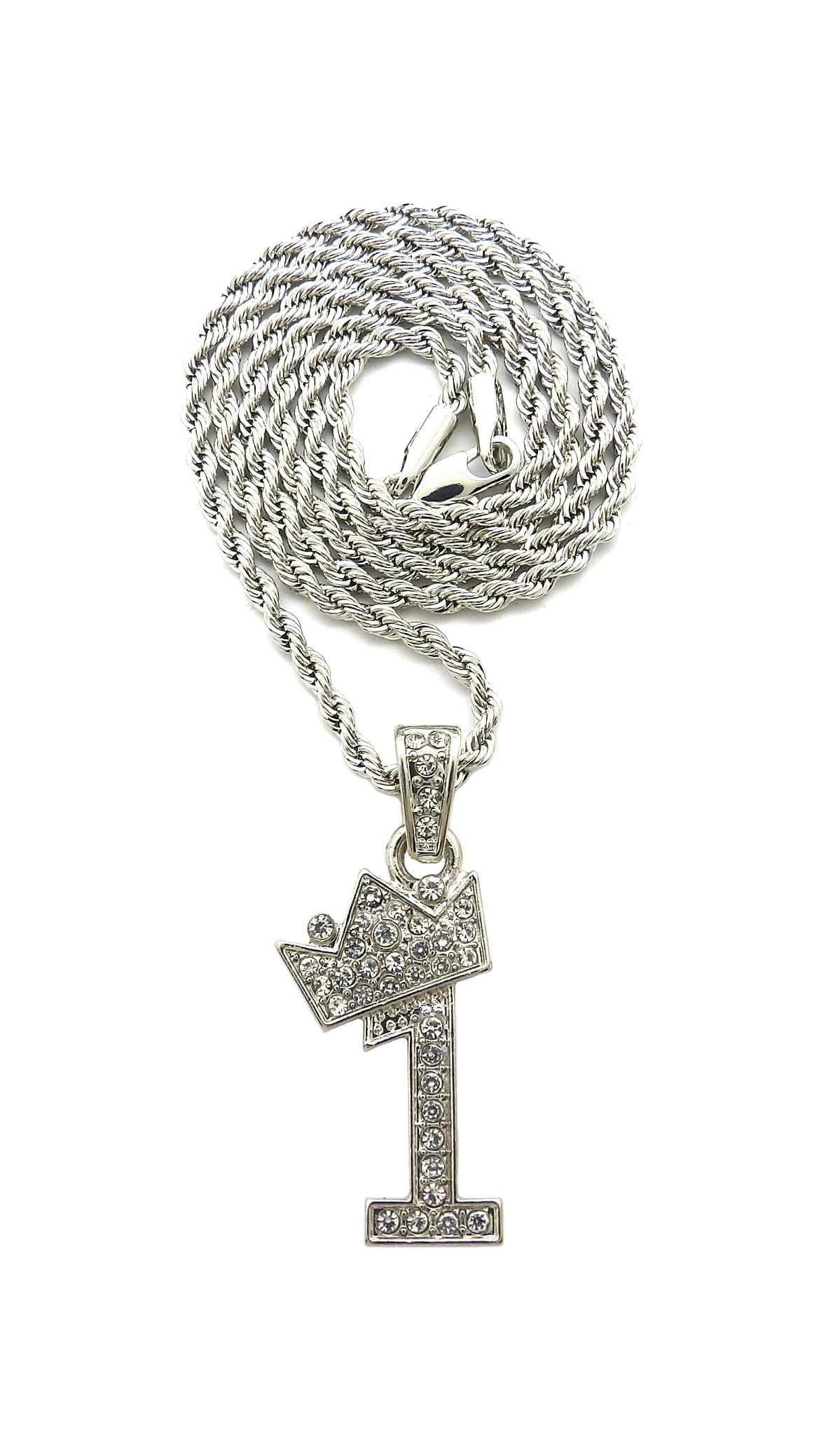 Stone Stud Tilted Crown Number Micro Pendant with 2mm Rope Chain ...