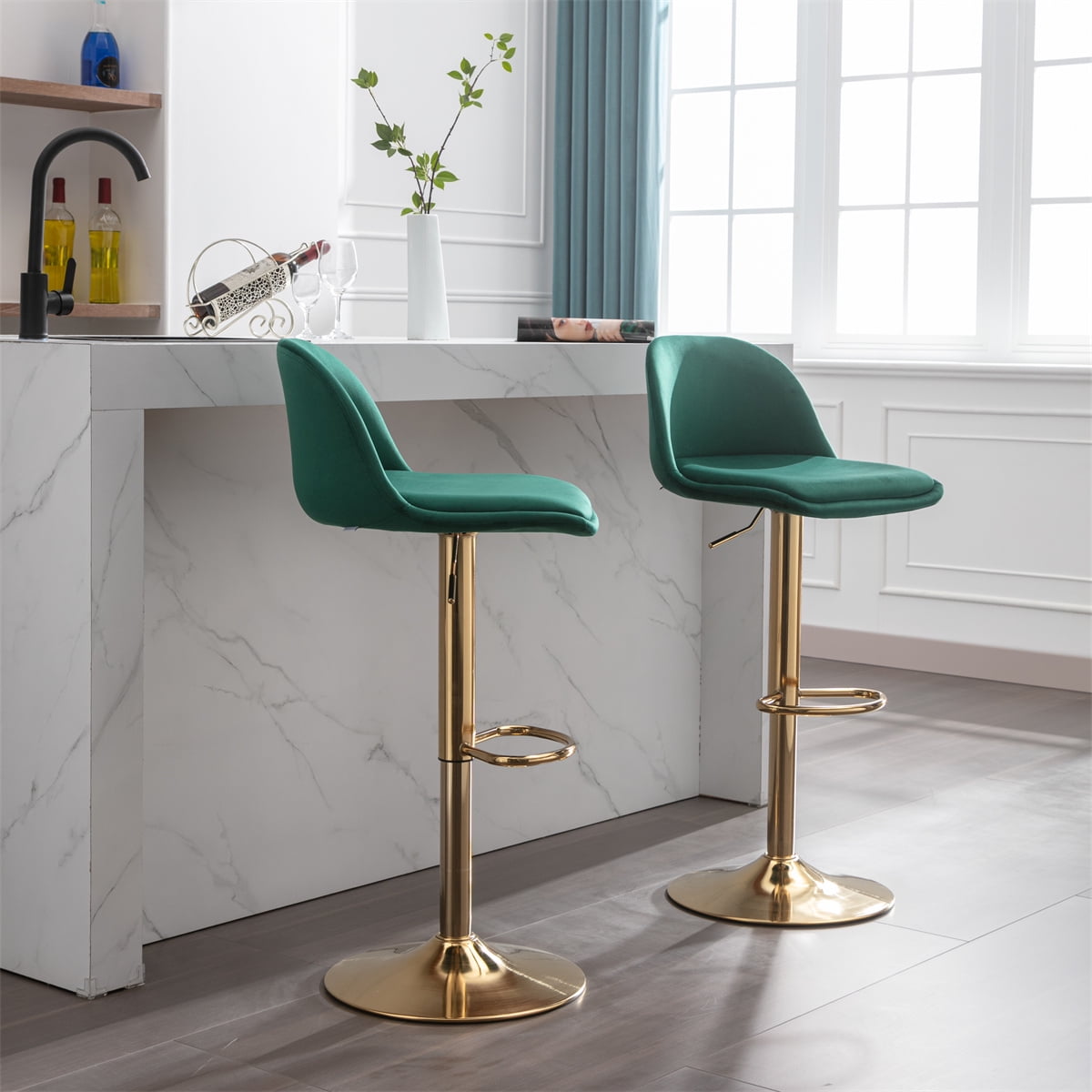 Bar Stools Set of 2, Velvet Bar Chairs with Back and Footrest, Counter ...