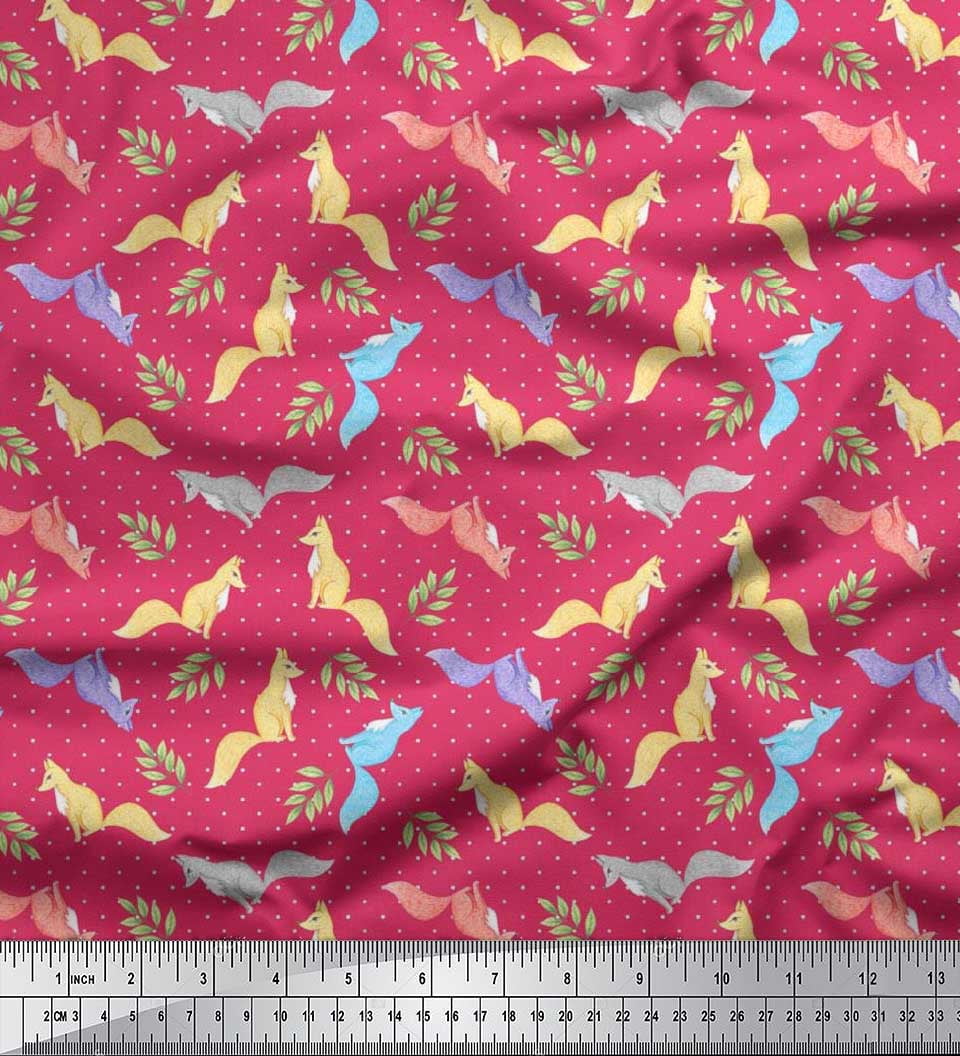 Soimoi Satin Silk Fabric Dot,Leaves & Fox Animal Print Fabric by the ...