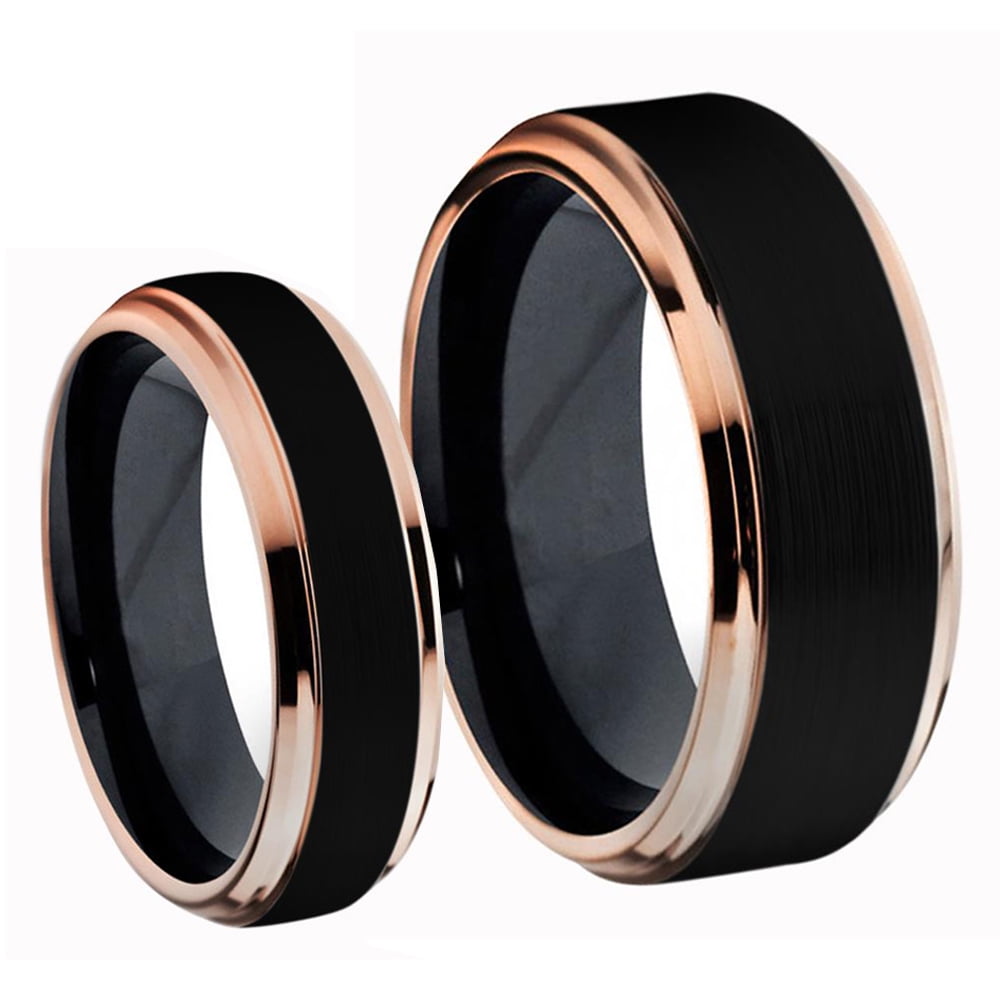 For Him & Her Two-Tone Black IP & Rose Gold IP Step Edge Brushed Center ...