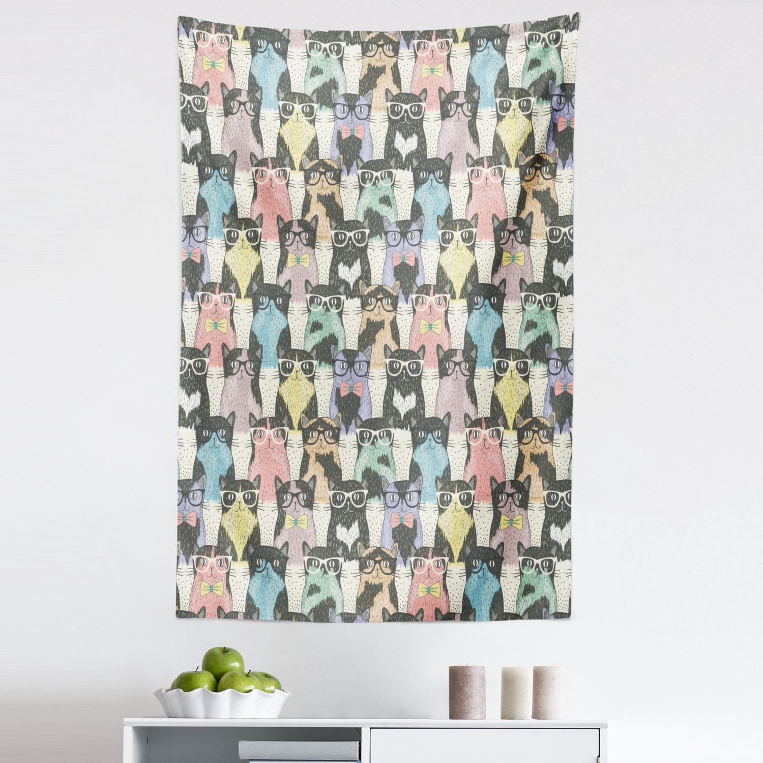Cats Tapestry, Theme of Playful Hipster Cats with Glasses Colorful ...