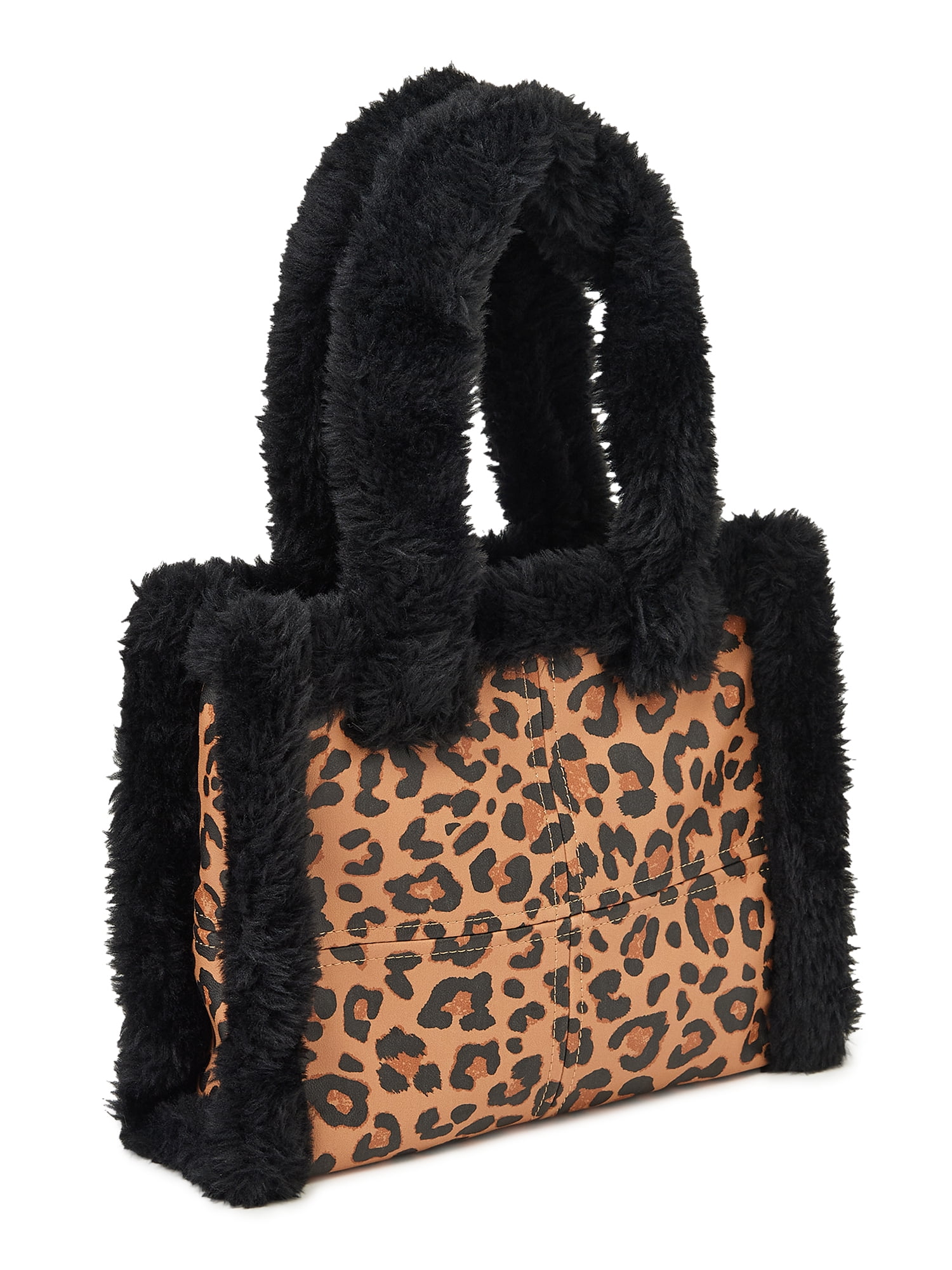 Buy No Boundaries Women's Small Leopard Print Faux Sherpa Tote Handbag ...