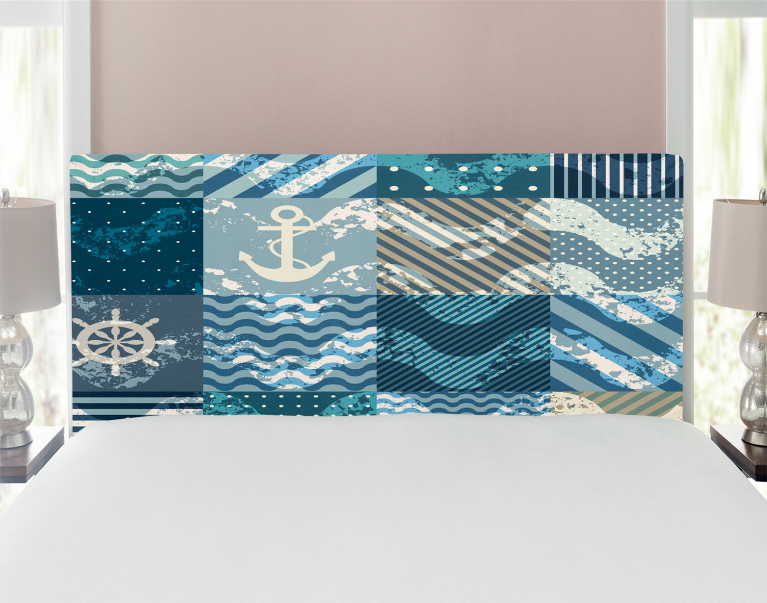 Nautical Headboard, Marine Theme Wave Patterns in Patchwork Style Boxes ...
