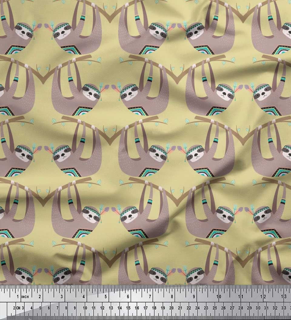 Soimoi Japan Crepe Satin Fabric Feather,Branch & Sloth Cartoon Print ...