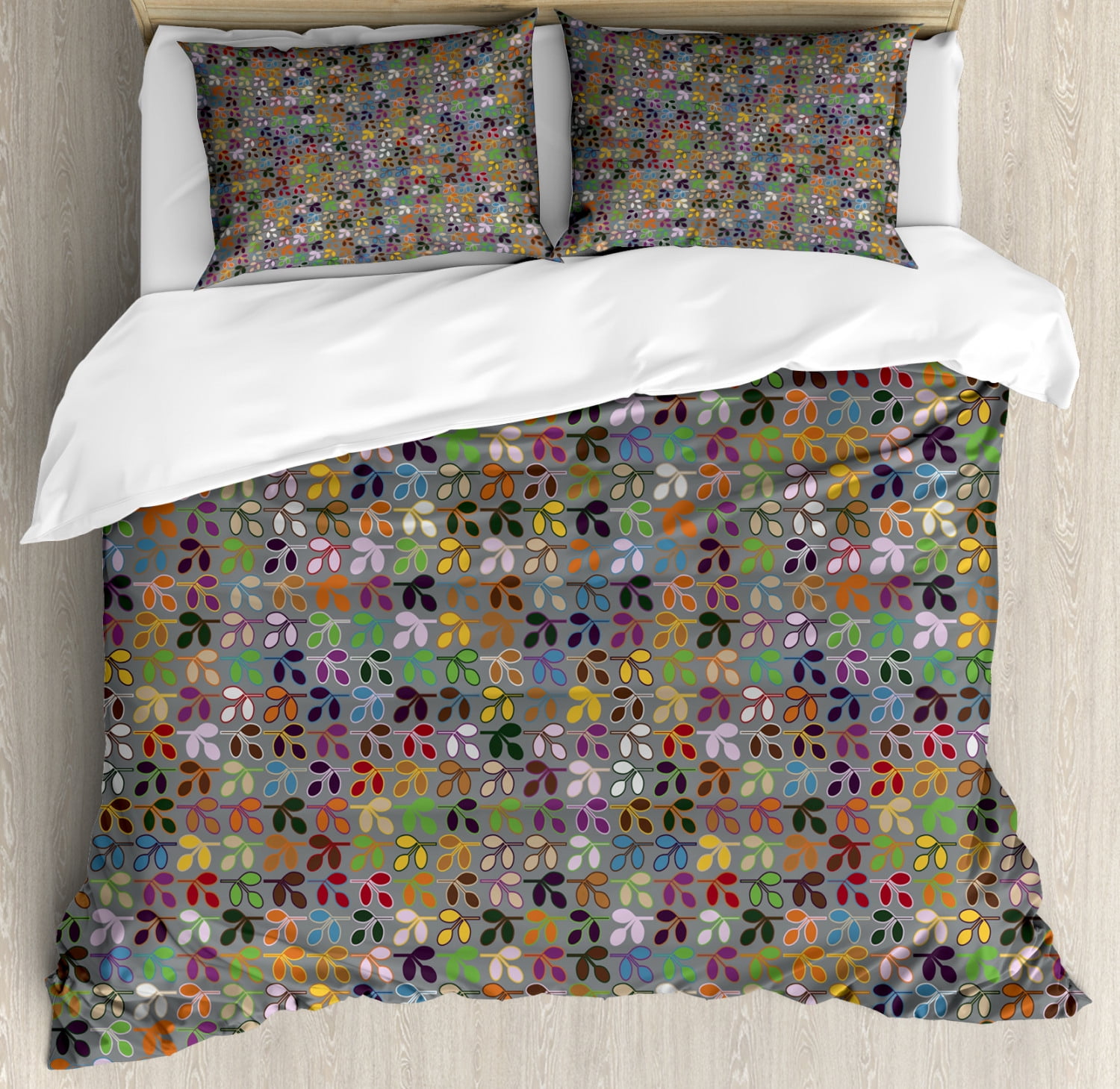Leaves Duvet Cover Set Queen Size, Graphic Foliage Motifs in Lively ...