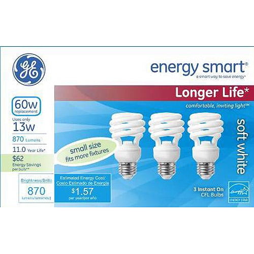 GE energy smart spiral CFL 13 watt (60 watt Equivalent) T2 spiral 3 ... GE energy smart spiral CFL 13 watt (60 watt Equivalent) T2 spiral 3 ...