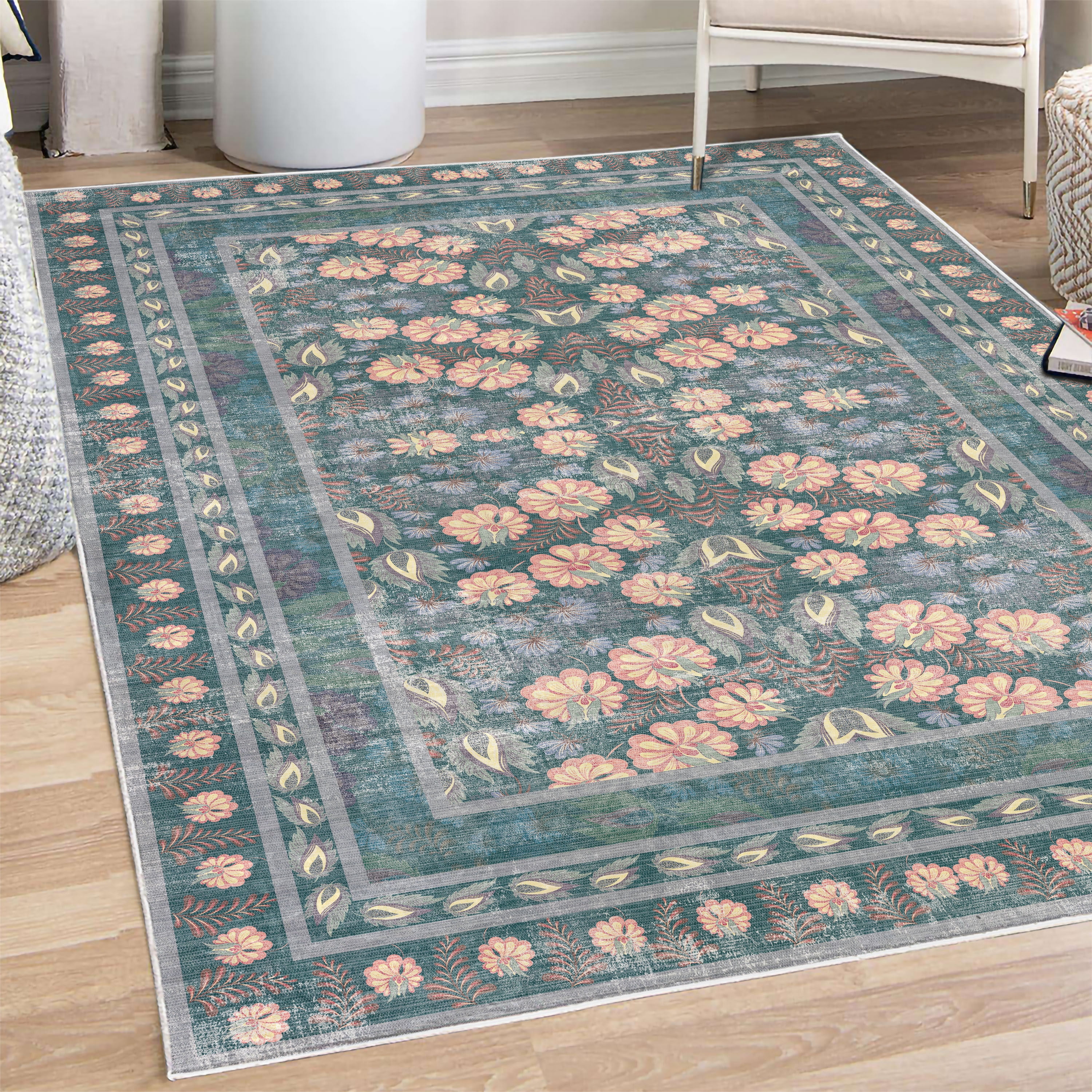 Folk Art Decorative Rug, Bohemian Themed Peachy Ethnic Flowers and ...