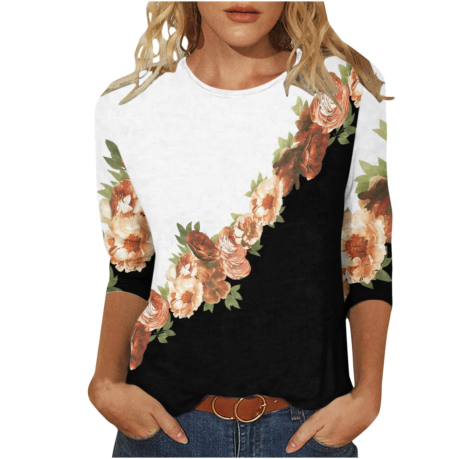 gakvbuo 3/4 Length Sleeve Womens Tops Crewneck Cute Shirts Casual Print ...