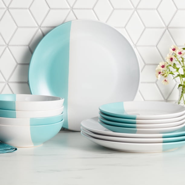 Stone Lain Lizzy Stoneware 12-Piece Round Dinnerware Set, Teal, CB ...