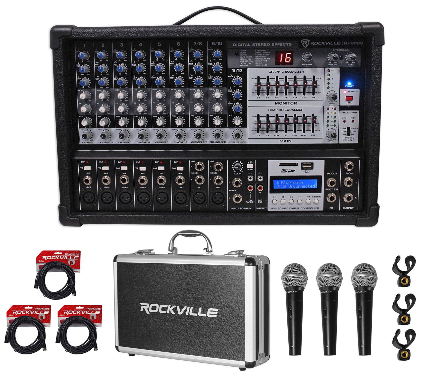 Rockville RPM109 12 Channel 4800w Powered Mixer EQ/Effects/USB+Mics ...