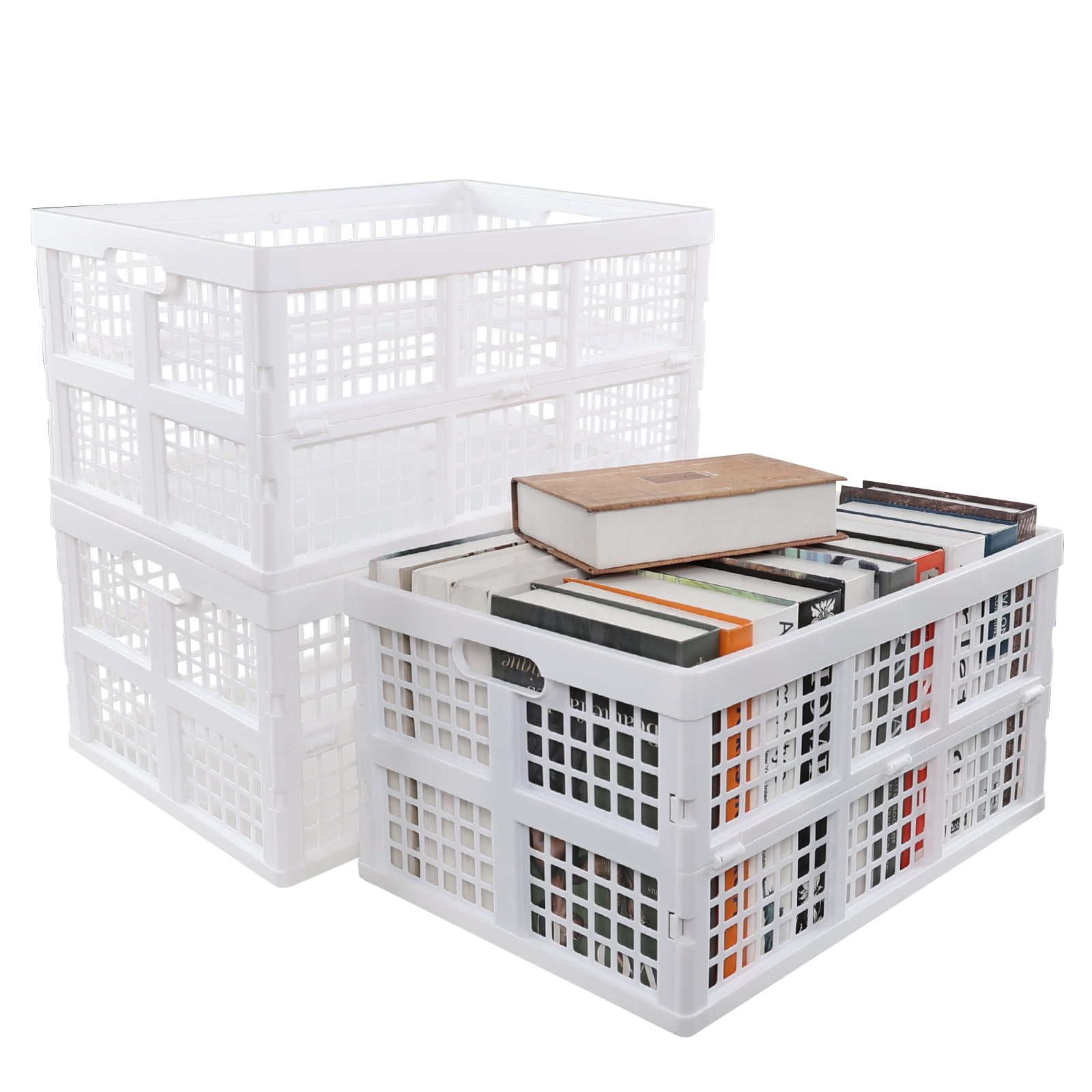 Idomy 42 L Plastic Folding Storage Crates, 3-Pack Stacking Collapsible ...