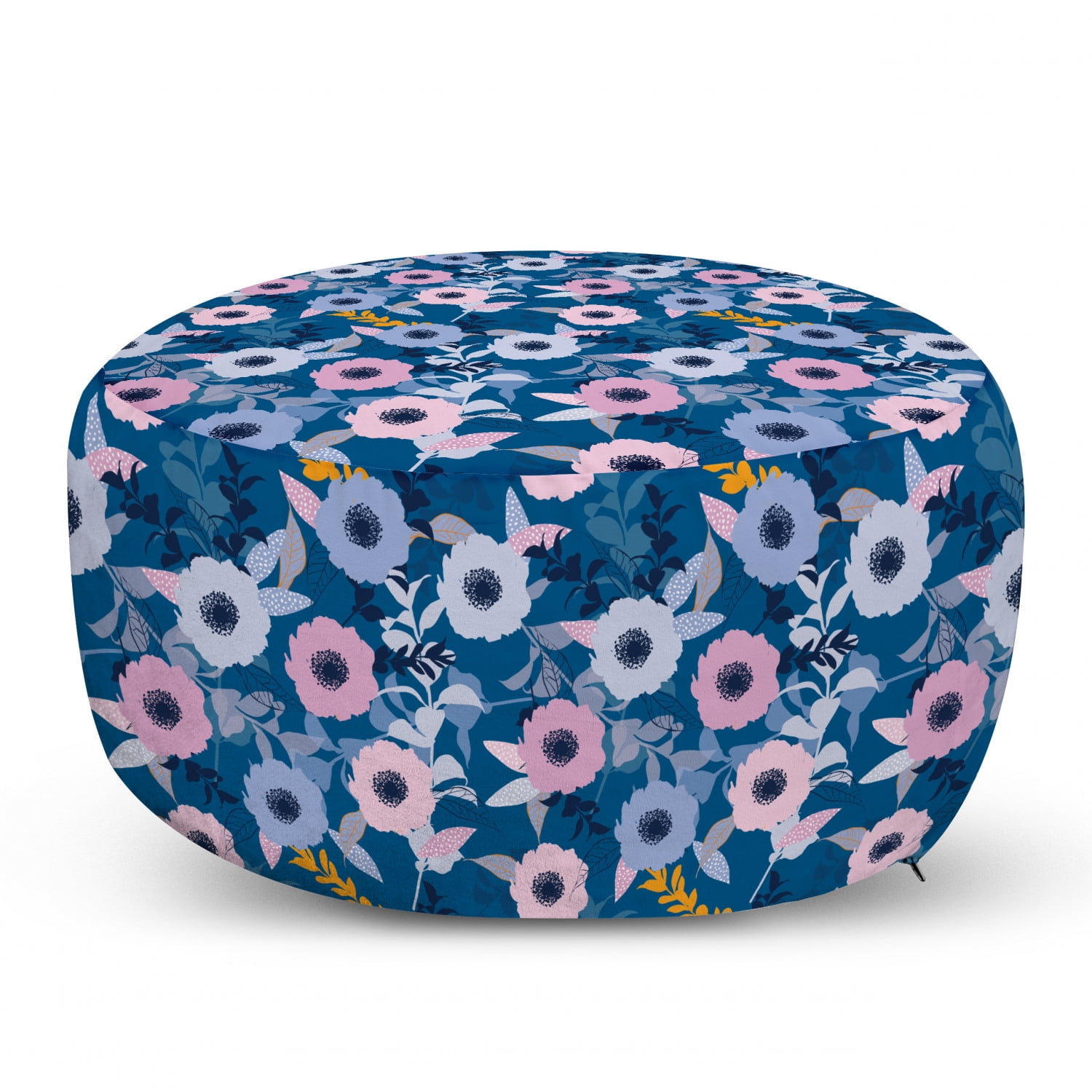Floral Pouf, Pastel Colored Blooming Flowers and Leaves on a Blue ...