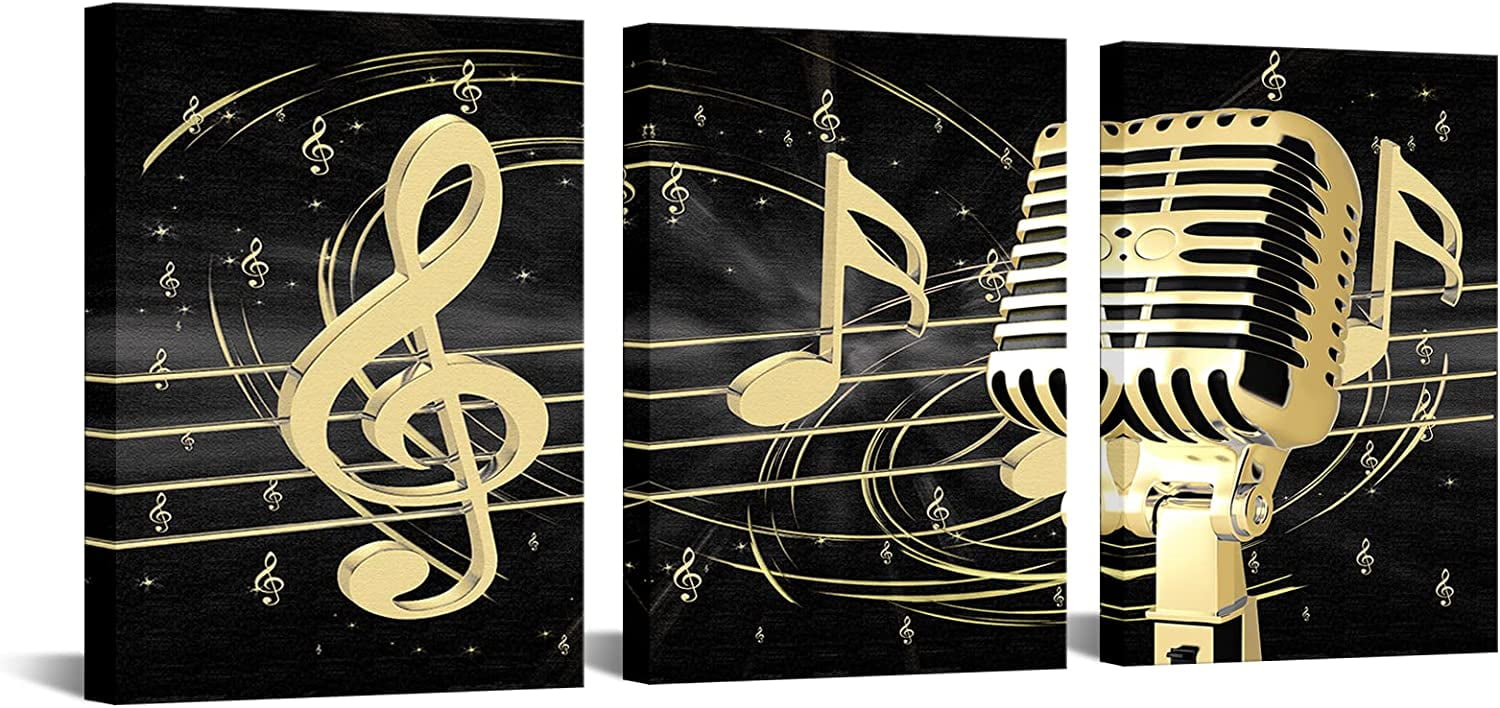 3 Piece Music Canvas Wall Art Black Gold Microphone and Musical Note ...