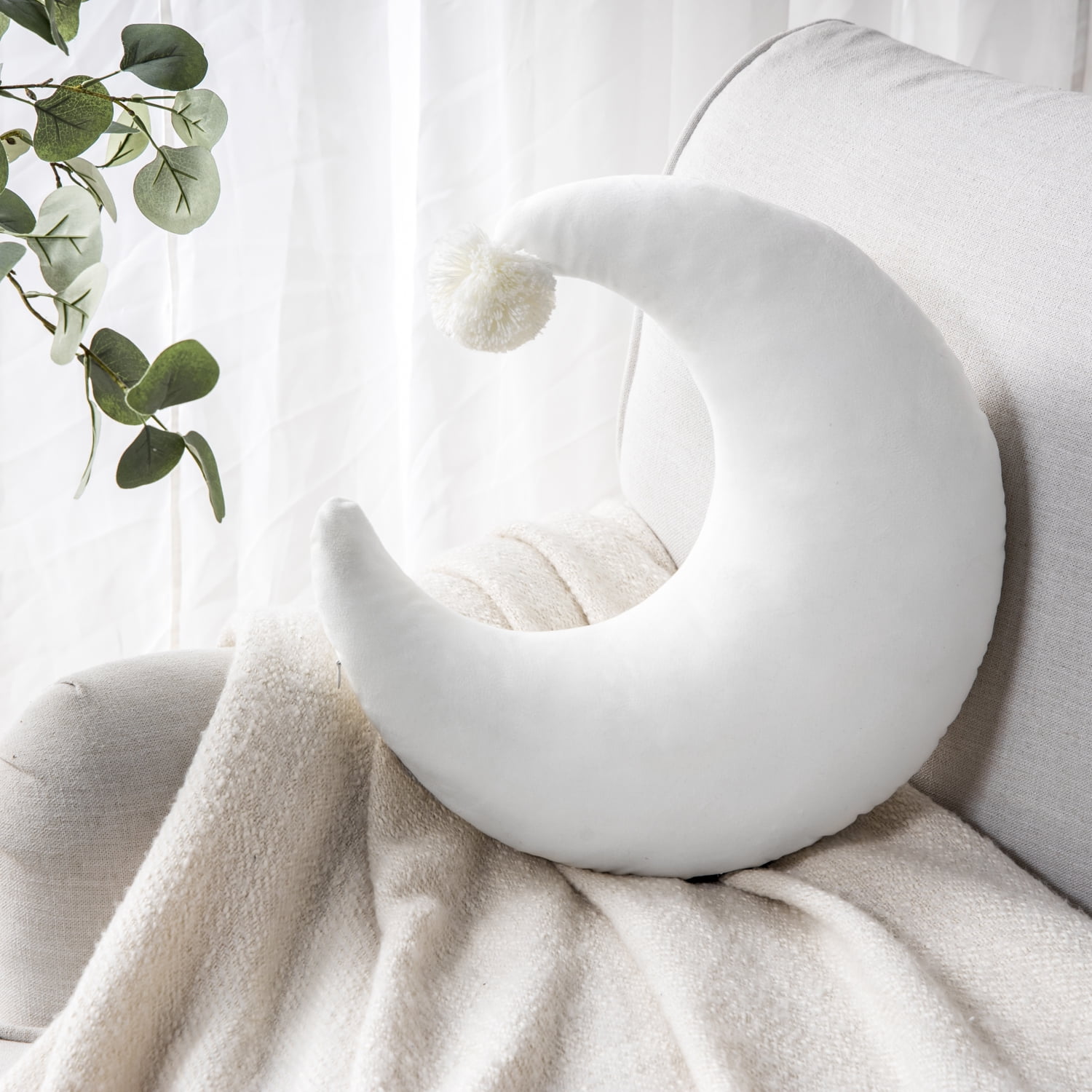 Phantoscope Soft Velvet Moon Character Decorative Throw Pillow with Pom ...