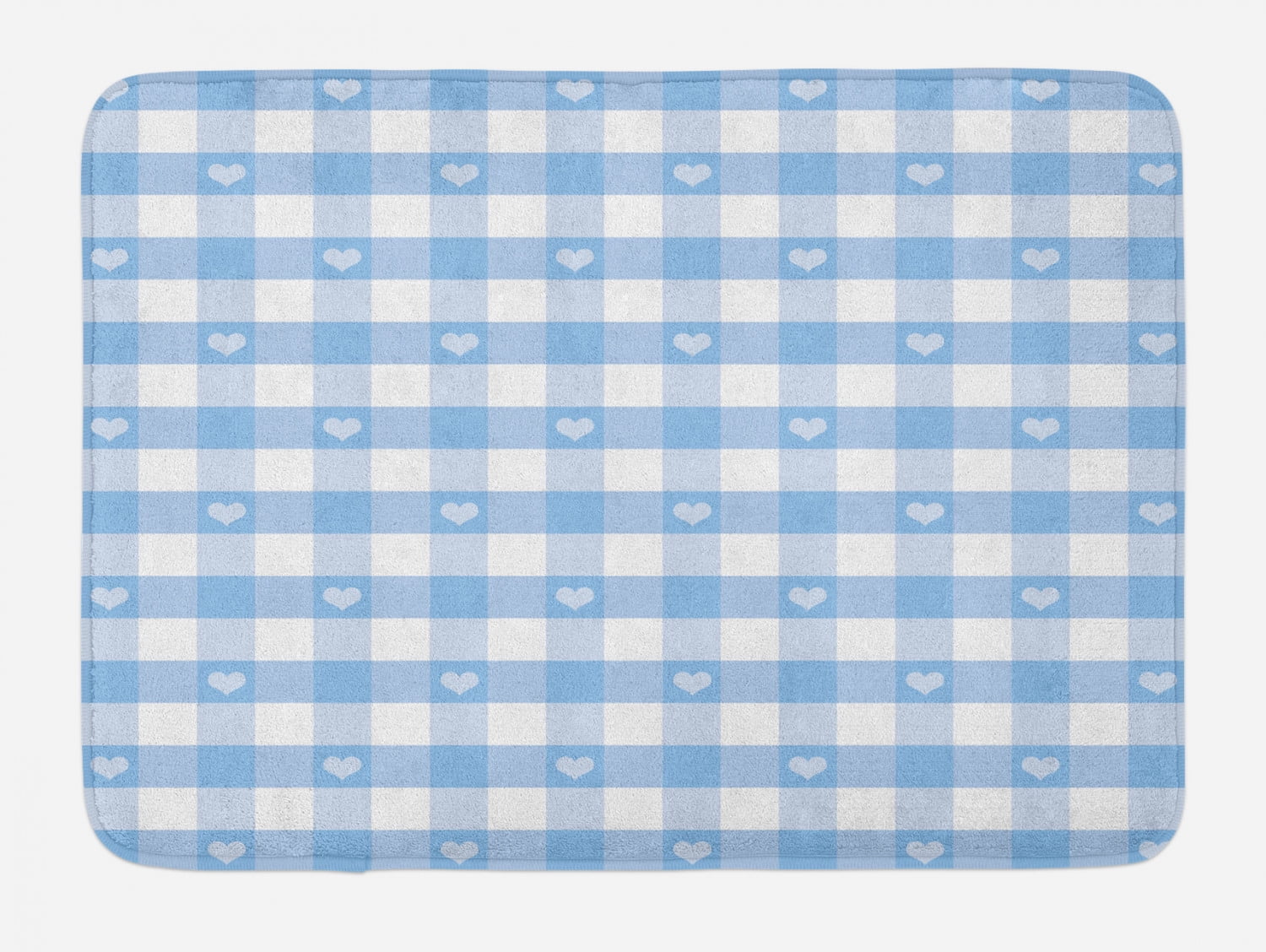 Checkered Bath Mat, Gingham Motif with Cute Little Hearts Pastel Blue ...