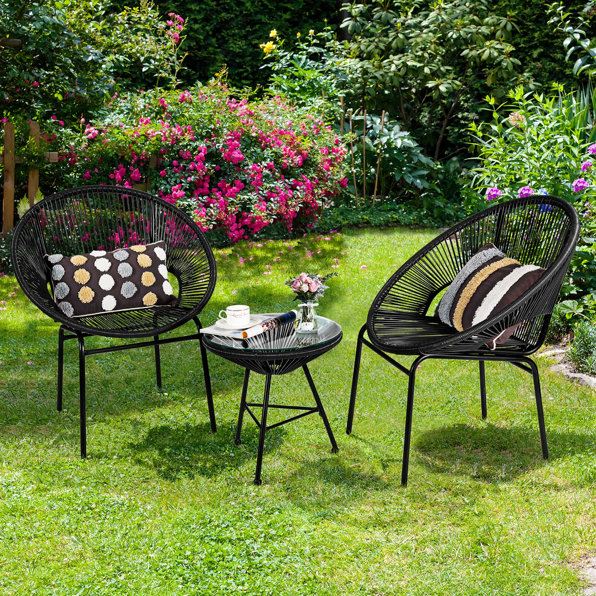 Costway 3PCS Patio Acapulco Furniture Bistro Set Plastic Rope Glass Table Black