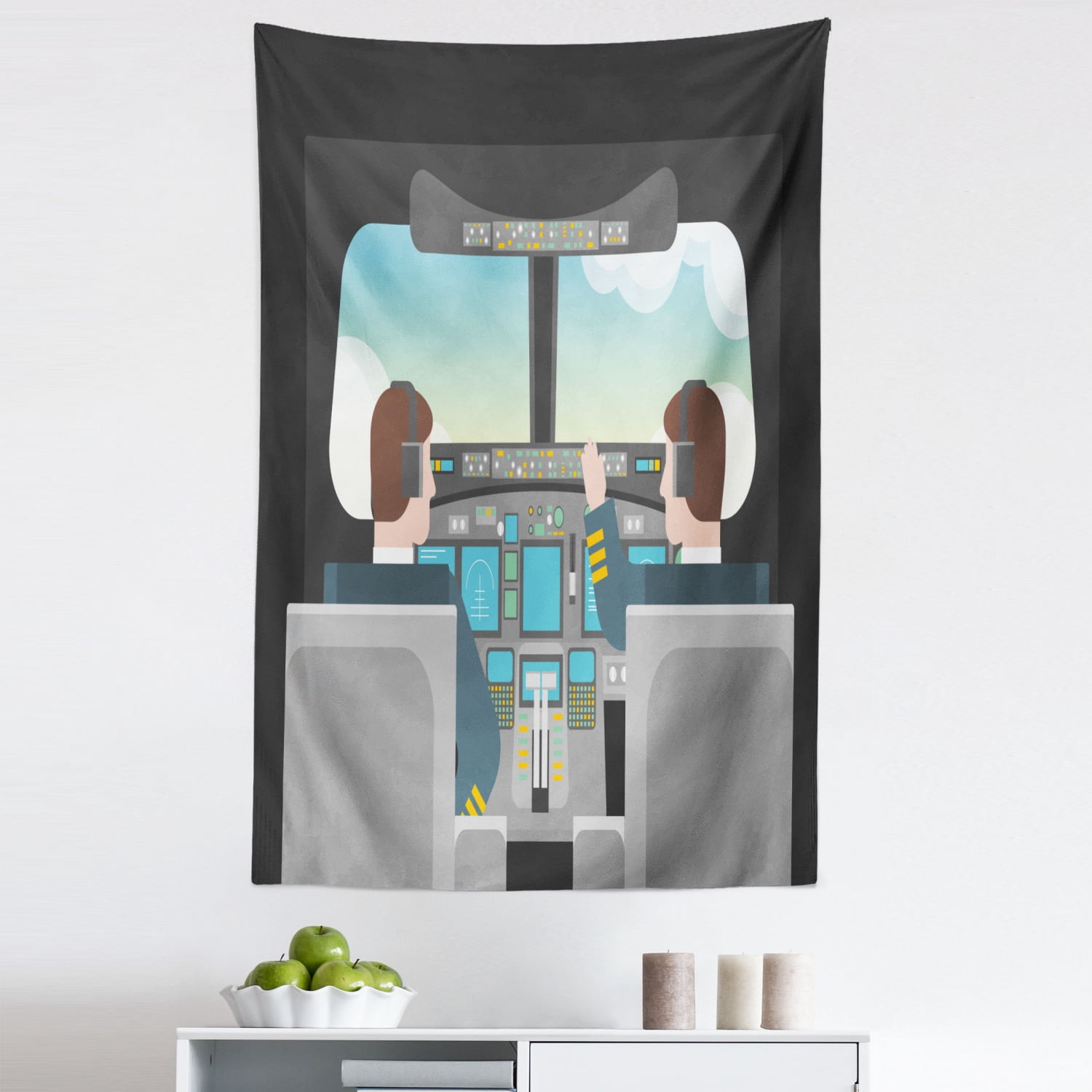 Airplane Cockpit Tapestry, Airline Pilots Controlling and Flying the ...