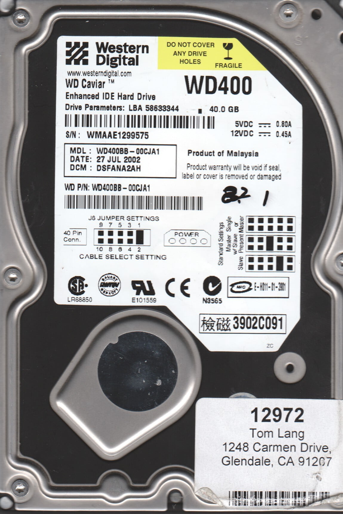 WD400BB-00CJA1, DCM DSFANA2AH, Western Digital 40GB IDE 3.5 Hard Drive ...