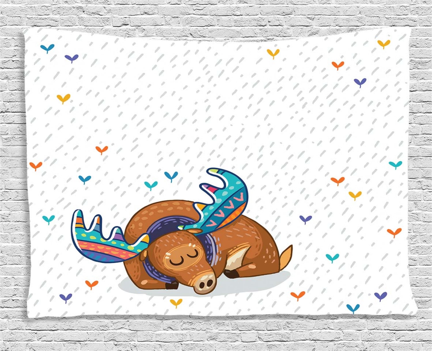 Moose Tapestry, Colorful Antlers Boho Deer Retro Artsy Winter Rain ...
