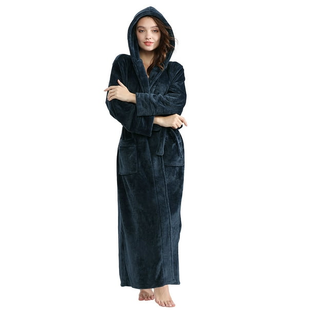 Women's Long Hooded Robe Luxurious Flannel Fleece Bathrobe with Mid ...