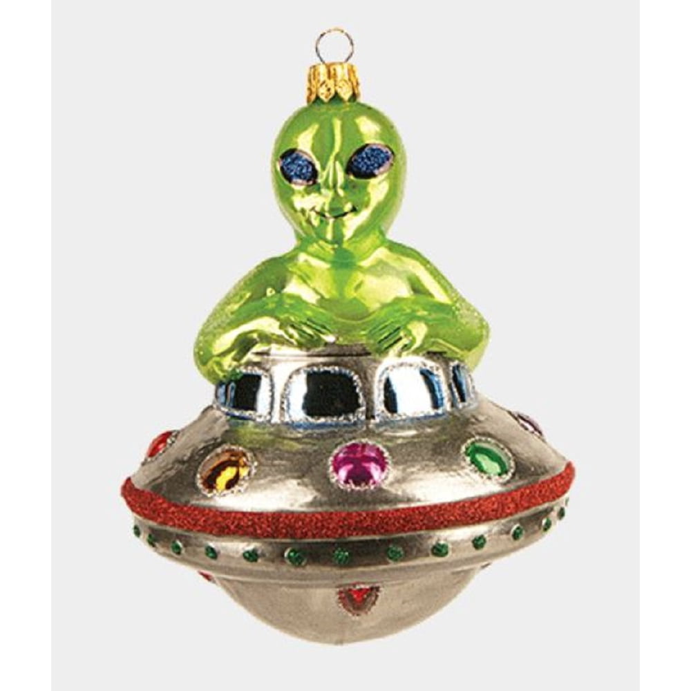 Green Alien Riding UFO Spaceship Polish Glass Christmas Tree Ornament ...