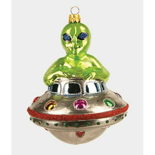 Green Alien Riding UFO Spaceship Polish Glass Christmas Tree Ornament ...
