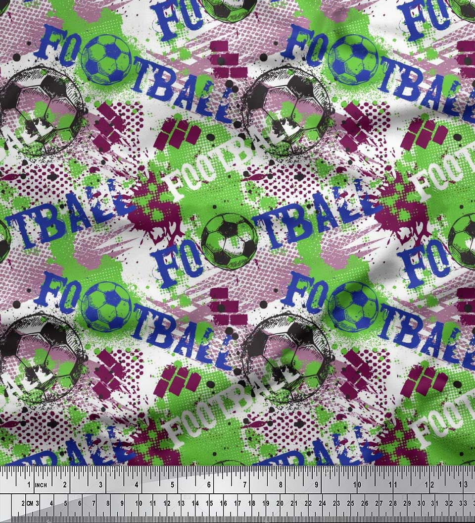 Soimoi Pink Moss Georgette Fabric Brush Stroke & Football Sports Print ...